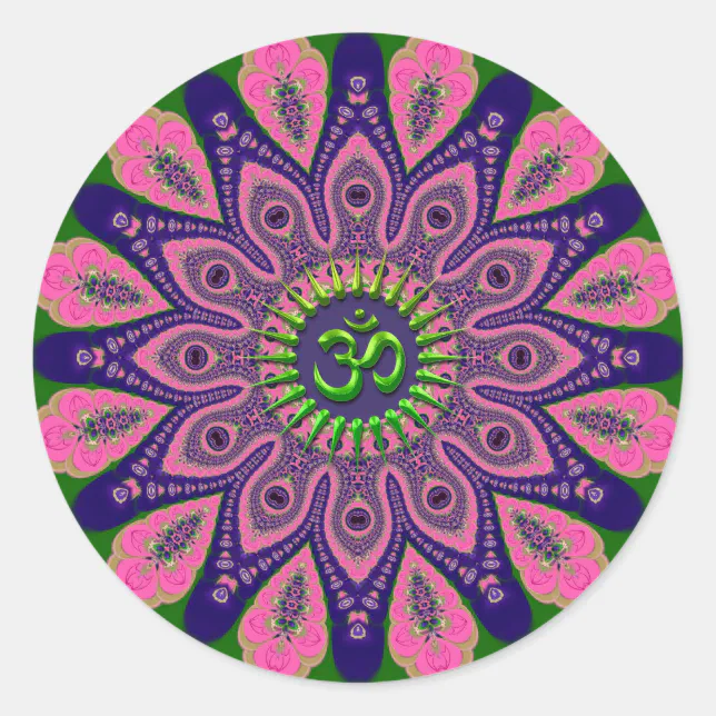 Green Om Funky Pink and Indigo Mandala Classic Round Sticker | Zazzle
