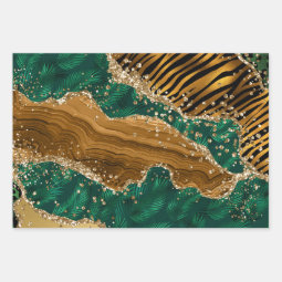 Green & Orange & Gold Glitter Jungle Safari Agate Wrapping Paper Sheets ...