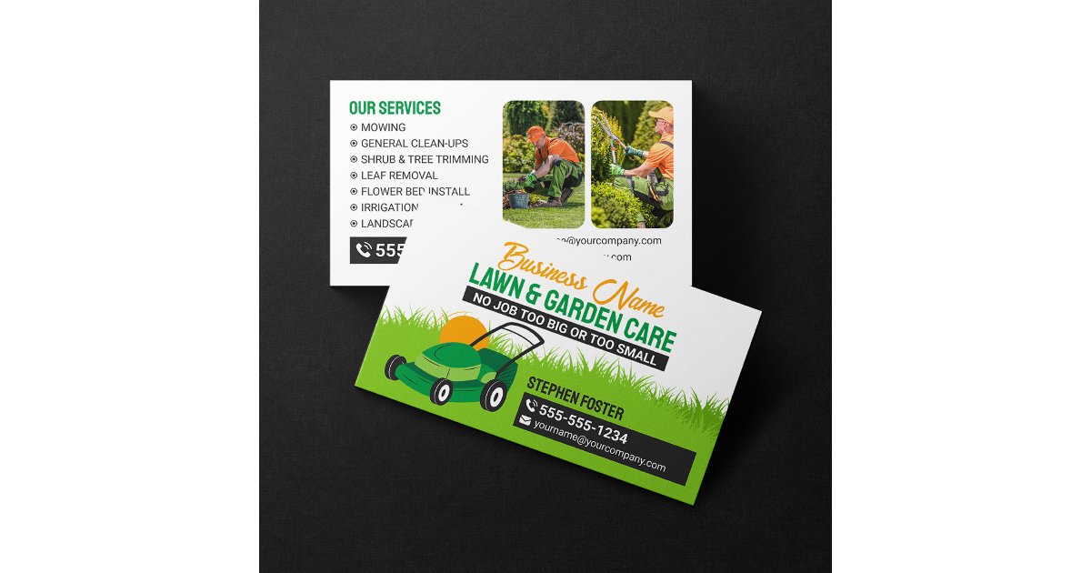 Green & Orange Lawn & Garden Care Mower Mulching Business Card | Zazzle