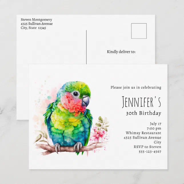 Green Parrot - Cute Baby Bird Birthday Invitation Postcard | Zazzle