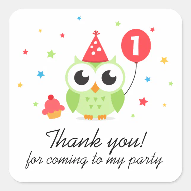Green party owl with balloon birthday thank you square sticker | Zazzle