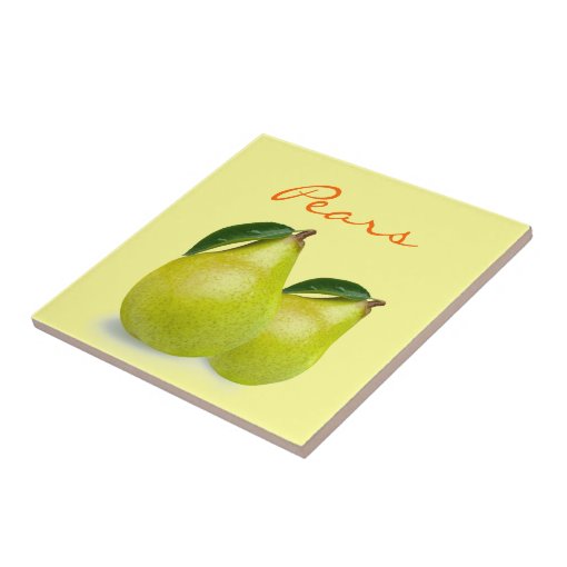 Green Pear Fruit with Leaves Wording on Yellow Ceramic Tile | Zazzle