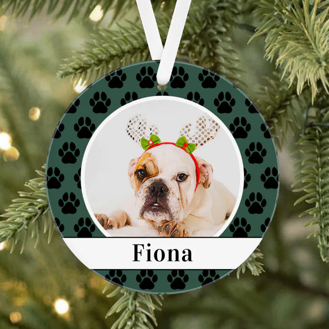 Green Pet Paw Prints Custom Dog Name Photo Ornament | Zazzle