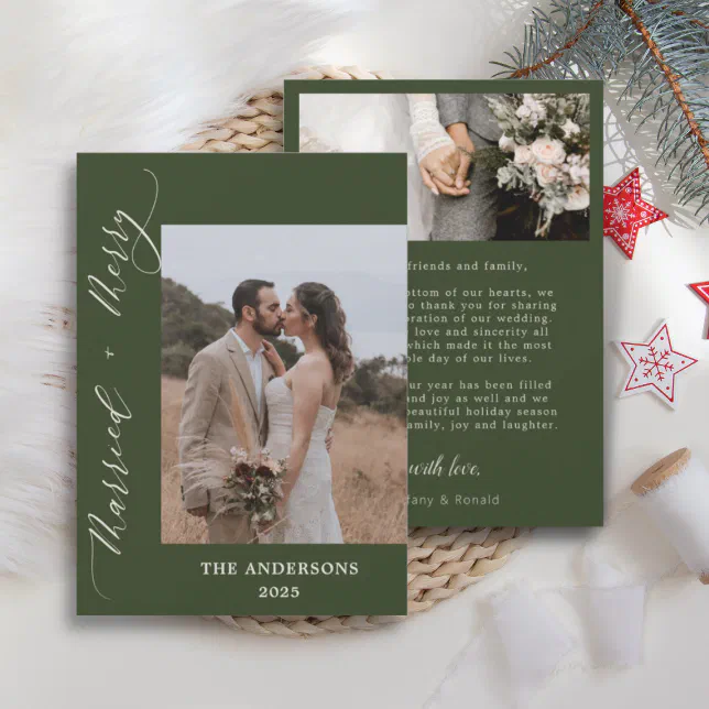 Green Photo Merry Married Script Wedding Christmas Thank You Card | Zazzle