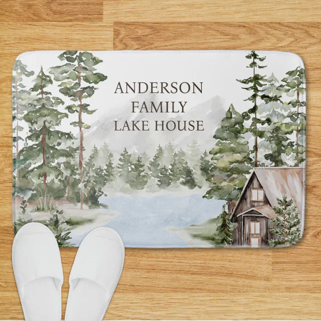 Green Pine Forest Family Lake House Cabin Bath Mat | Zazzle