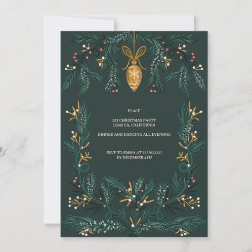 Green pine illustration gold corporate Christmas Invitation | Zazzle