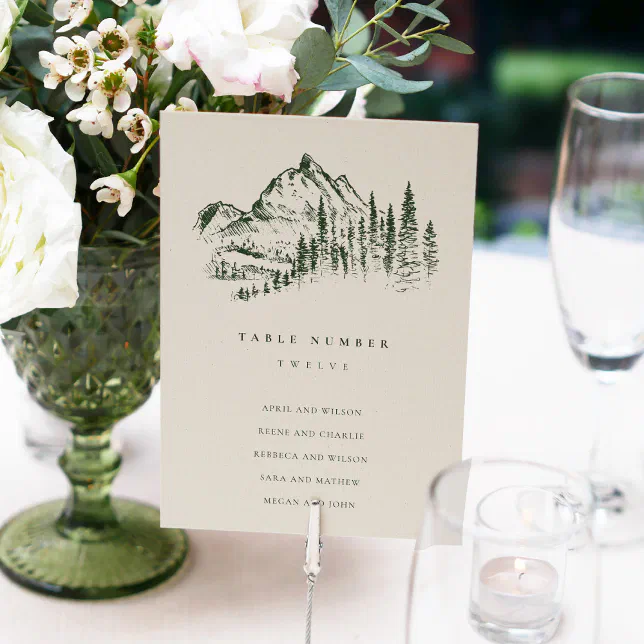 Green Pine Woods Mountain Sketch Wedding Table Number | Zazzle