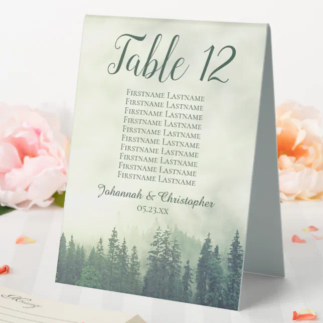 Green Pines Wedding Table Number Seating Chart Table Tent Sign | Zazzle