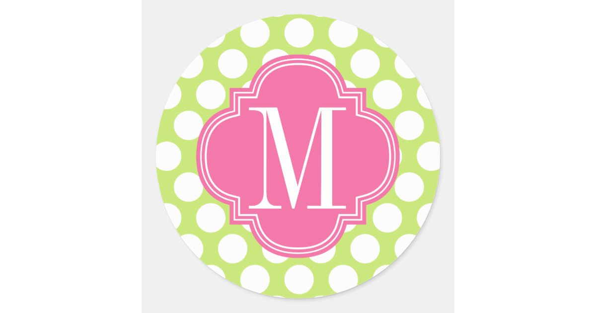 Green & Pink Big Polka Dots Monogrammed Classic Round Sticker | Zazzle