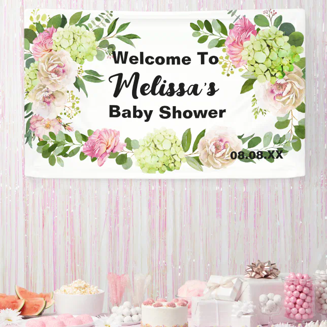 Green Pink Floral Hydrangea Welcome Backdrop Banner | Zazzle