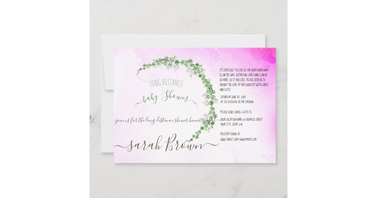 GREEN & PINK FOLIAGE LONG DISTANCE BABY SHOWER INVITATION | Zazzle