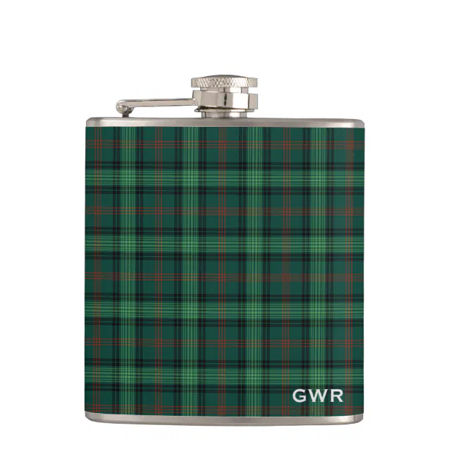 Green Plaid Clan Ross Hunting Tartan Monogram Flask | Zazzle