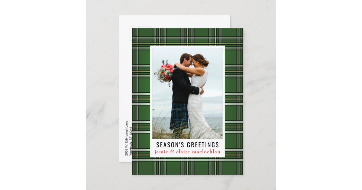 Green Plaid Classic One Photo Holiday Postcard | Zazzle
