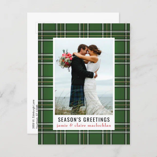 Green Plaid Classic One Photo Holiday Postcard | Zazzle