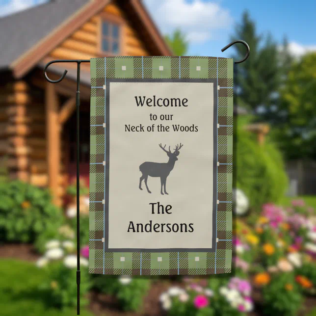 Green Plaid Deer Cabin Garden Flag | Zazzle