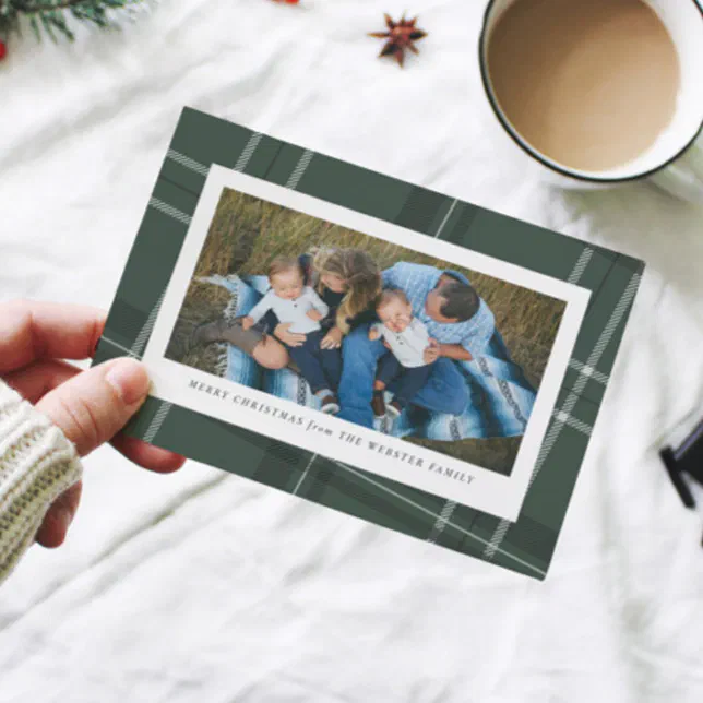 Green plaid frame one photo holiday card | Zazzle