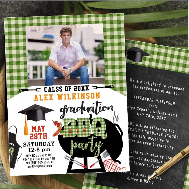 Green Plaid Graduation BBQ Party Photo Invitation | Zazzle