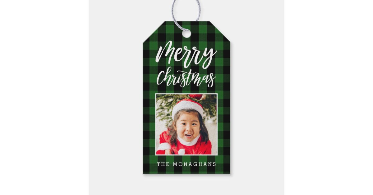 Green Plaid Photo Christmas Gift Tags | Zazzle