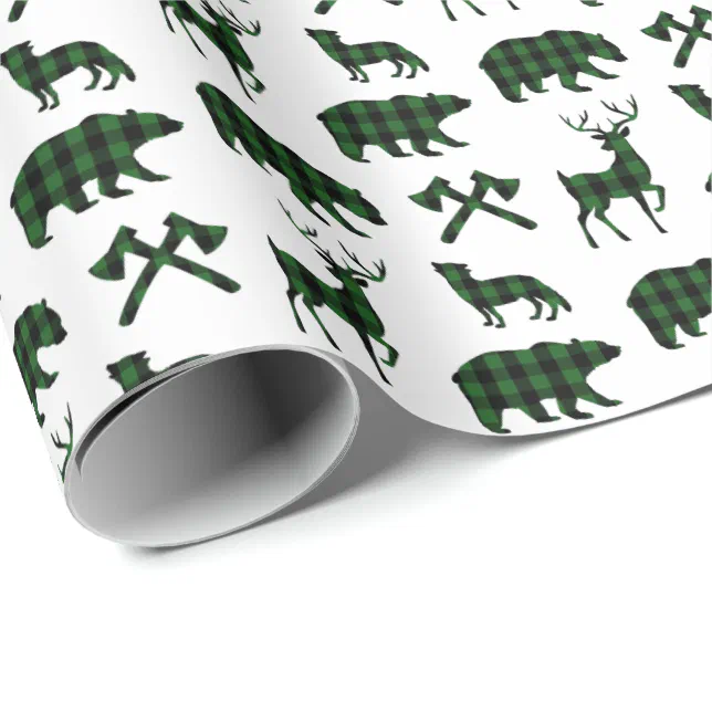 Green Plaid Wildlife Pattern | Holiday Wrapping Paper | Zazzle