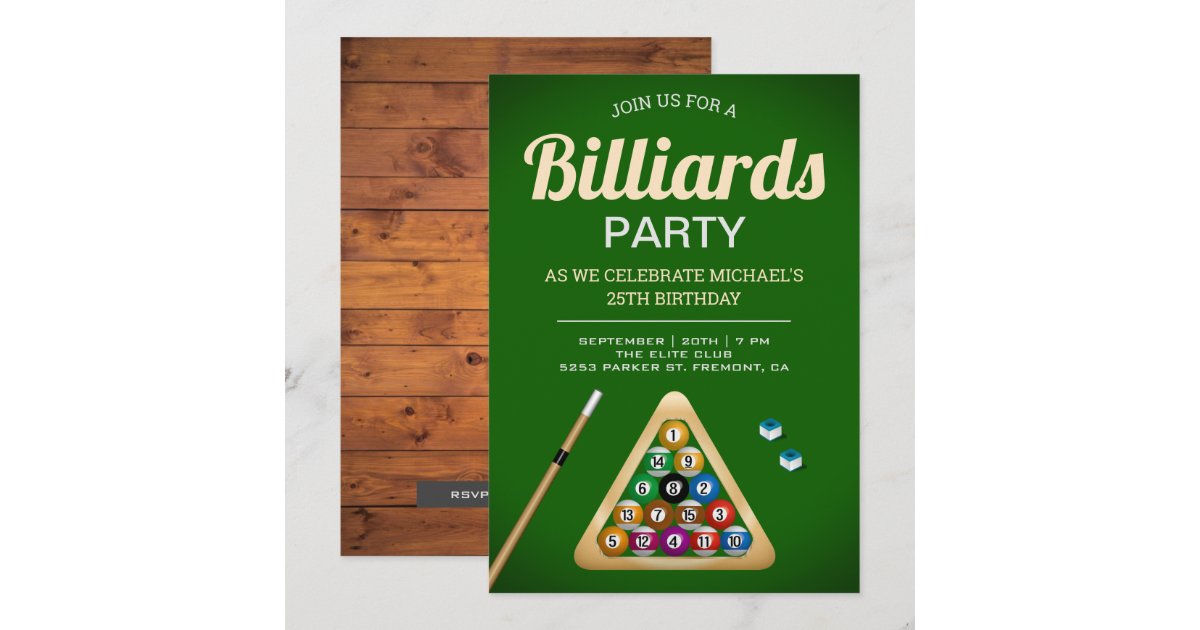 Green Pool Table Billiards Snooker Birthday Party Invitation | Zazzle