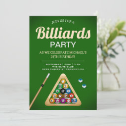 Green Pool Table Billiards Snooker Birthday Party Invitation | Zazzle