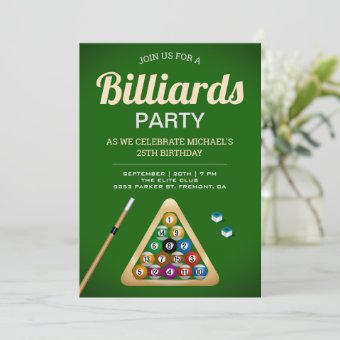 Green Pool Table Billiards Snooker Birthday Party Invitation | Zazzle
