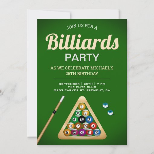 Green Pool Table Billiards Snooker Birthday Party Invitation | Zazzle