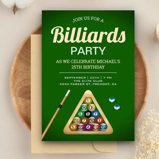 Green Pool Table Billiards Snooker Birthday Party Invitation | Zazzle