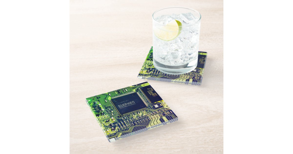 Green printed circuit board • Geek electronic PCB Glass Coaster | Zazzle