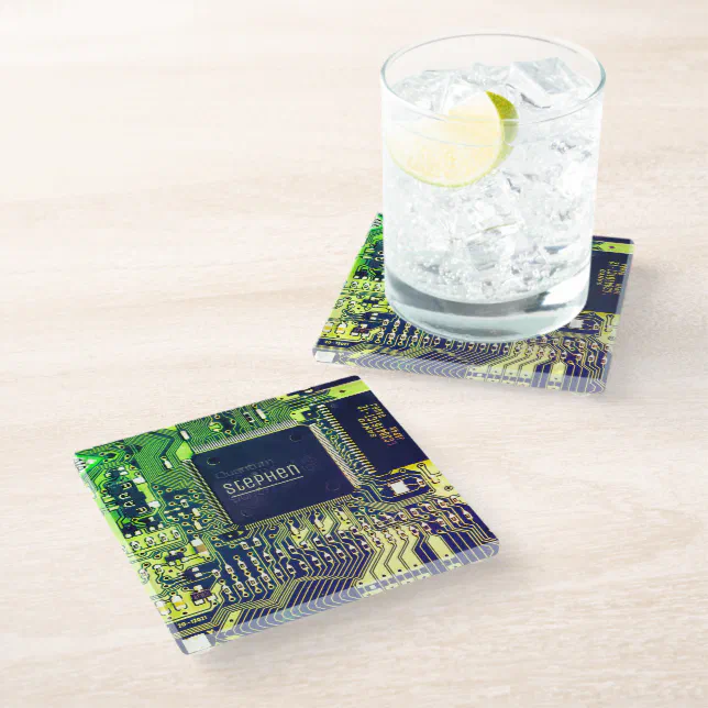 Green printed circuit board • Geek electronic PCB Glass Coaster | Zazzle