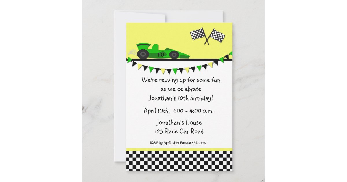 Green Race Car, Flags Birthday Invitation | Zazzle