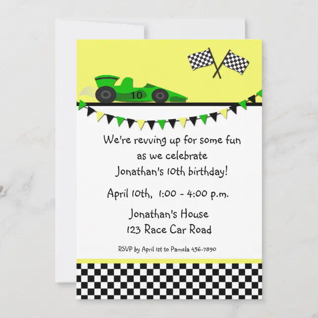 Green Race Car, Flags Birthday Invitation | Zazzle