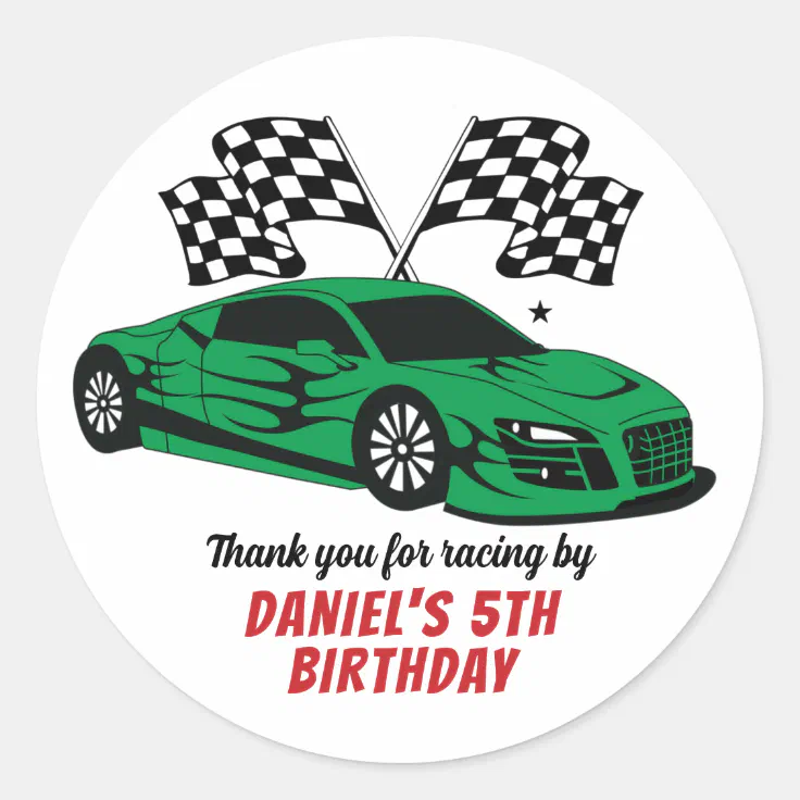 Green Racing Car for Kids Boys Birthday Party Classic Round Sticker ...