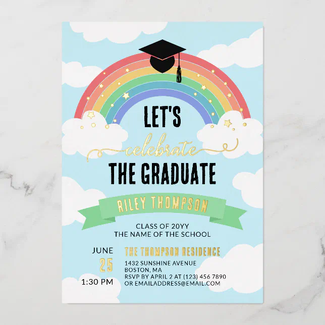 Green Rainbow Clouds Let's Celebrate the Graduate Foil Invitation | Zazzle