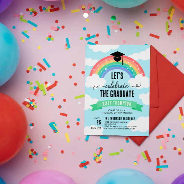 Green Rainbow Clouds Let's Celebrate the Graduate Invitation | Zazzle
