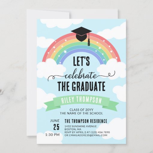 Green Rainbow Clouds Let's Celebrate the Graduate Invitation | Zazzle