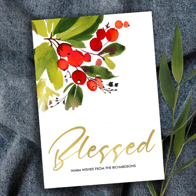 GREEN RED BERRIES WATERCOLOR CHRISTMAS BLESSED CARD | Zazzle