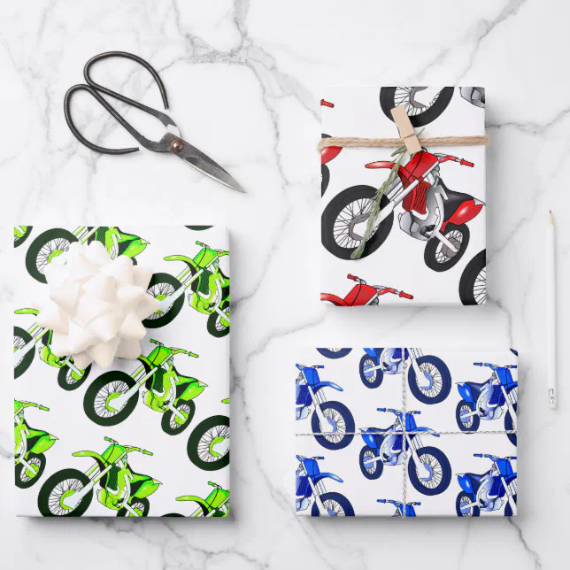 Green, Red, Blue Dirt Bike Motorcycle Wrapping Paper Sheets | Zazzle
