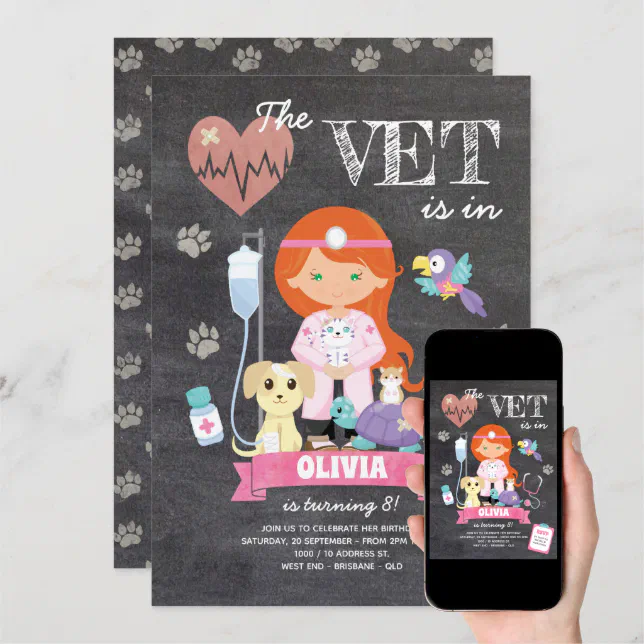 Green Red Chalkboard Girl Vet Birthday Party Invitation | Zazzle