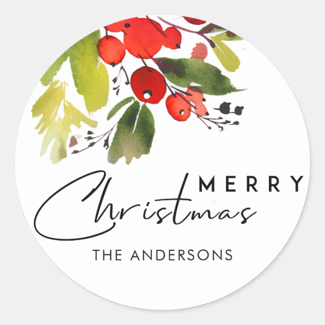 GREEN RED HOLY BERRIES WATERCOLOR MERRY CHRISTMAS CLASSIC ROUND STICKER ...