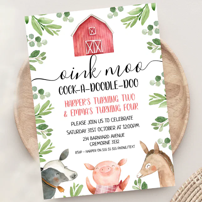 Green Red Joint Farm Animals Foliage Birthday Invitation | Zazzle