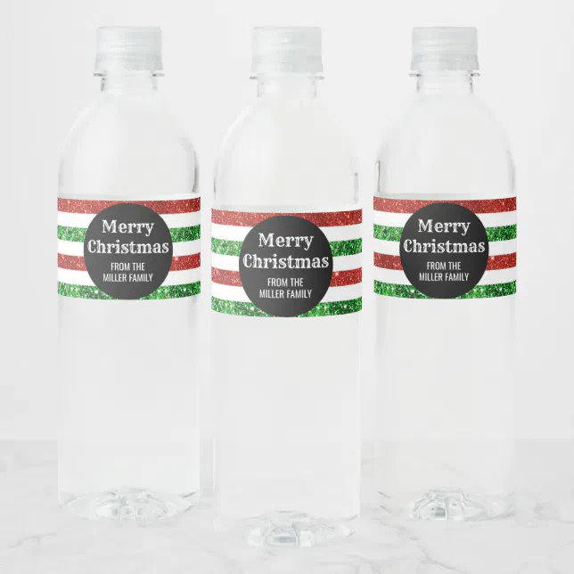 Green Red Stripes Custom Merry Christmas Water Bottle Label | Zazzle