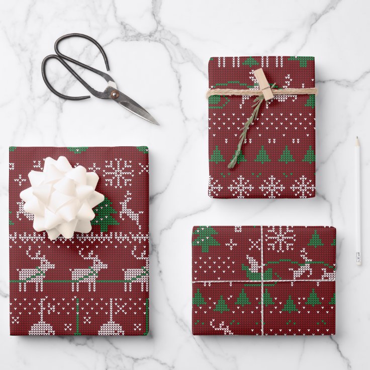 Green Red White Reindeer Santa Claus Christmas Wrapping Paper Sheets ...