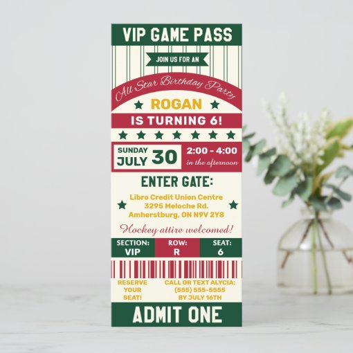 Green,Red,Yellow Sports Team Ticket Birthday Party Invitation | Zazzle