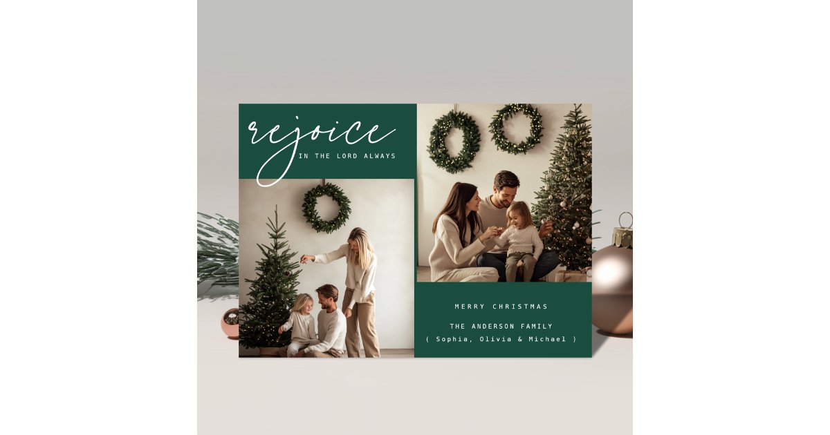 Green Religious Christmas Rejoice Family Photo Holiday Card | Zazzle