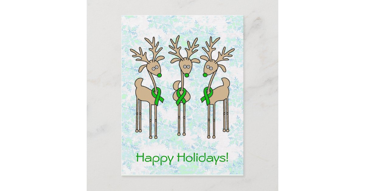 Green Ribbon Reindeer (Kidney Cancer) Holiday Postcard | Zazzle
