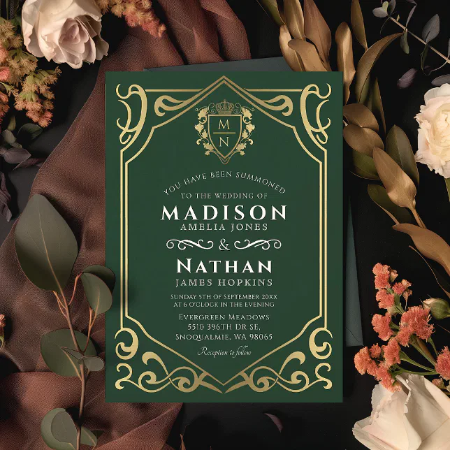 Green Royal Medieval Fantasy Monogram Wedding Invitation | Zazzle