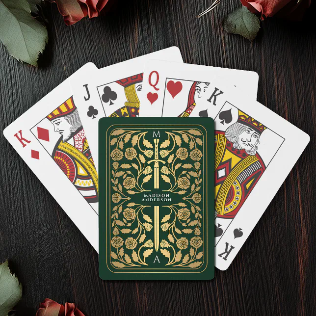 Green Royal Medieval Gold Sword Monogram Poker Cards | Zazzle