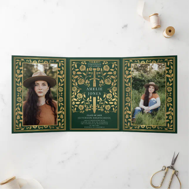 Green Royal Medieval Sword Photo Graduation Party Tri-Fold Invitation ...