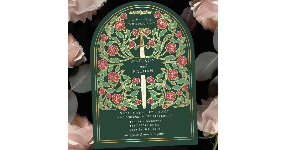 Green Royal Medieval Sword Wedding Arch Invitation | Zazzle